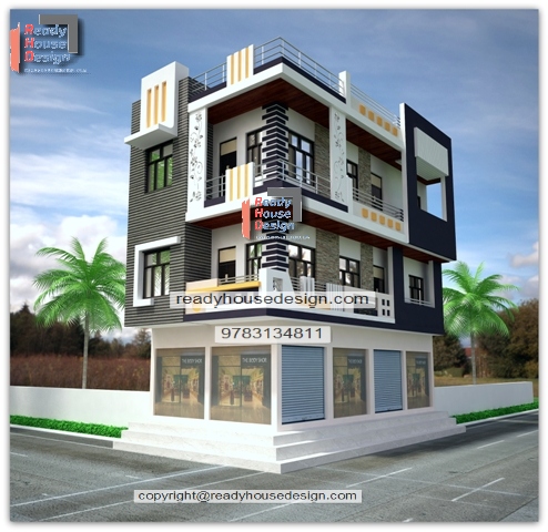 triple story elevation of house with shop on ground floor